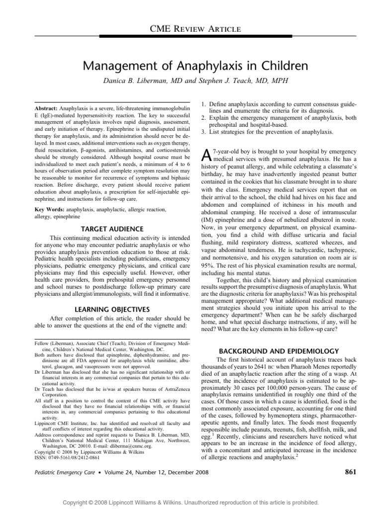 Pediatric Anaphylaxis Management Guide | PDF | Allergy | Medicine