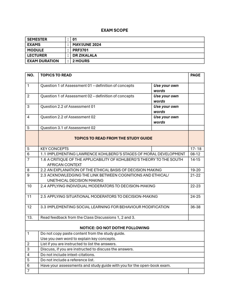 Exam Scope - Prf3701 (s1 2024) | PDF