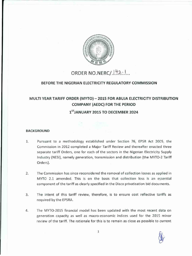 MYTO 2015 Abuja DisCo Tariff Order | PDF | Capital Expenditure | Inflation