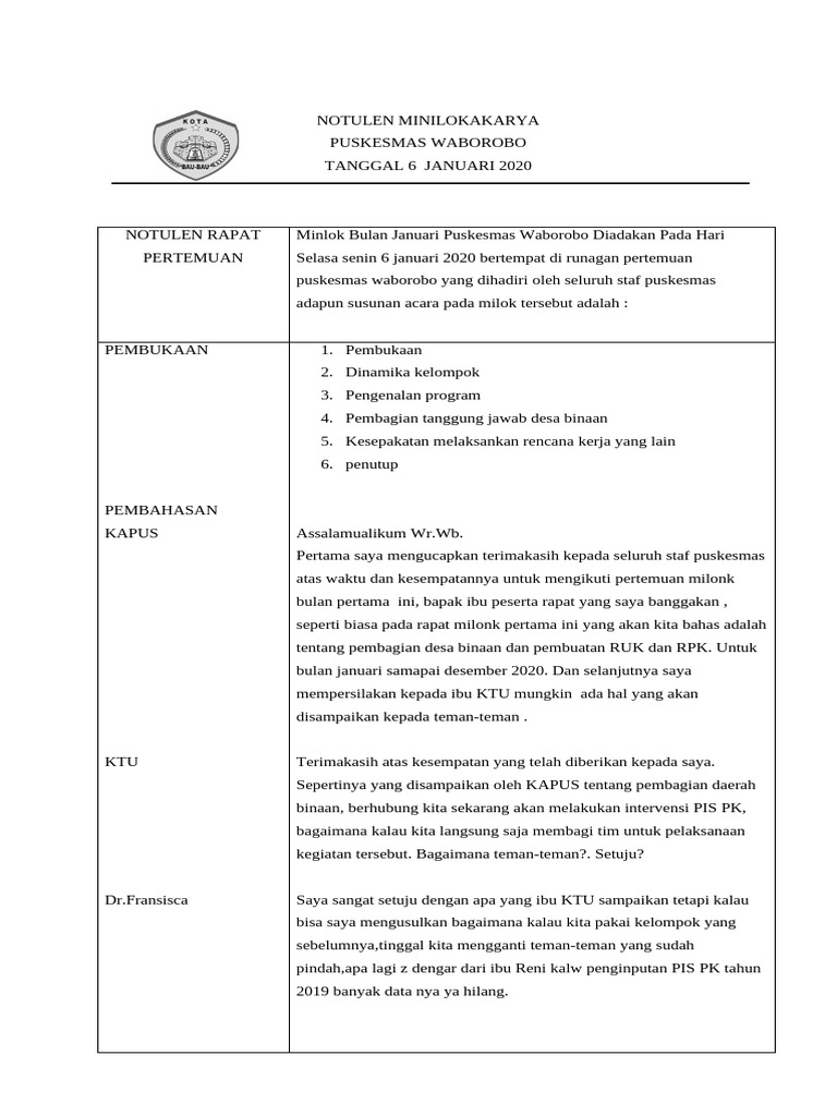 Notulen Rapat Minlok Puskesmas Waborobo | PDF