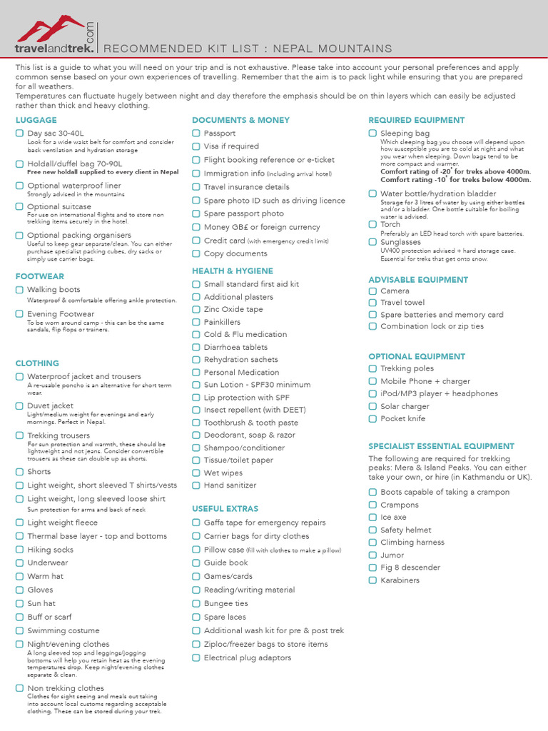 Kit List Nepal Mountains Random5 | PDF | Clothing