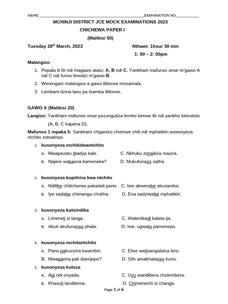 Mchinji JCE Mock Exam 2023: Chichewa I | PDF