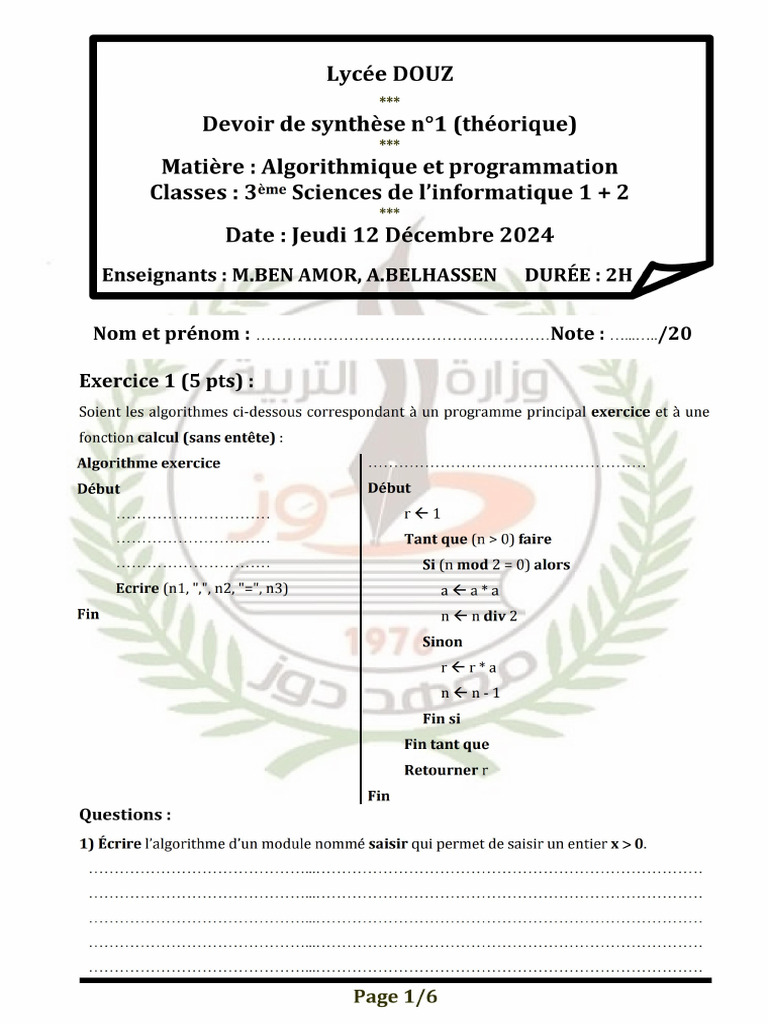 3SI-devoir de Synthèse N°1-Énoncé + Correction | PDF