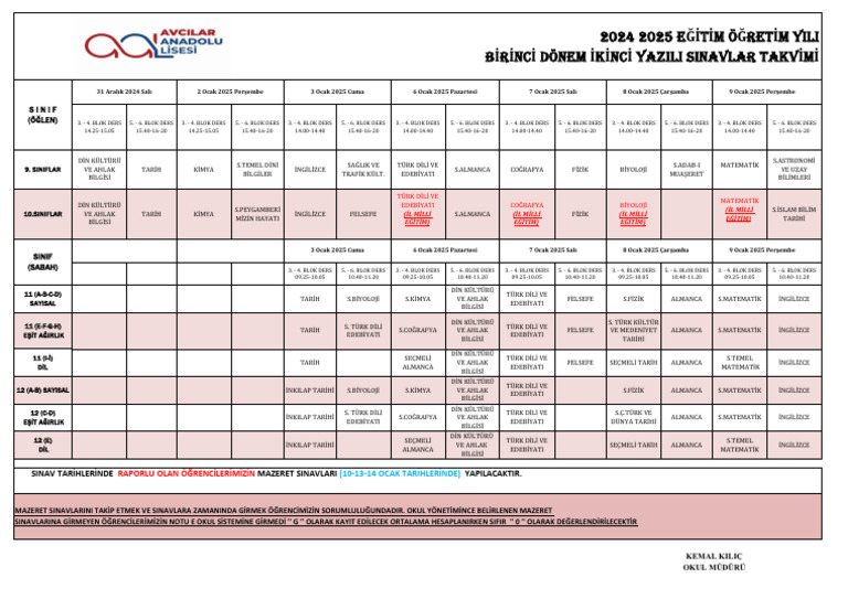 2024 2025 E T MÖ RET M Yili B R NC Dönem K NC Yazili Sinavlar Takv M | PDF