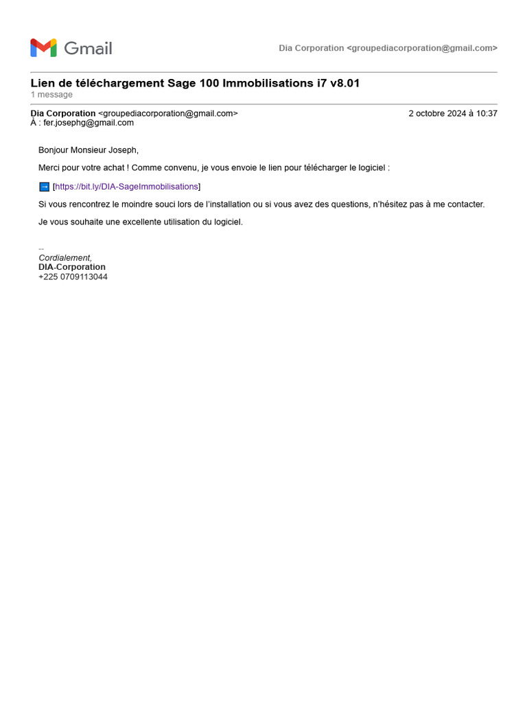 Gmail - Lien de téléchargement Sage 100 Immobilisations i7 v8.01 | PDF