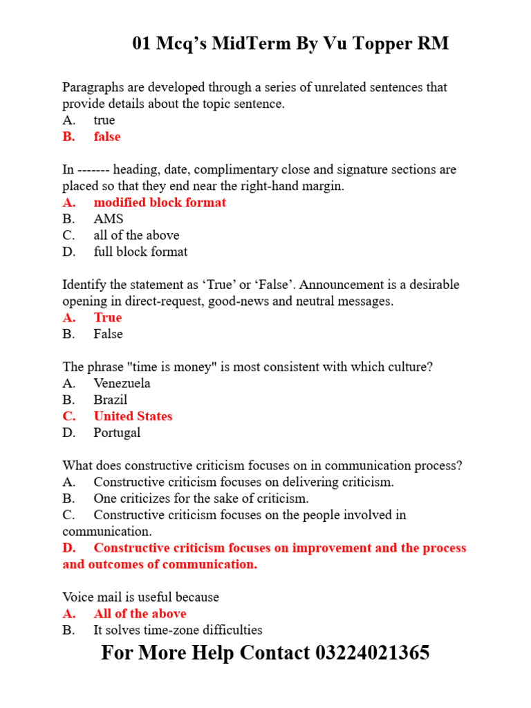 ENG301 Mcqs MidTerm by Vu Topper RM | PDF | Communication | Human Communication
