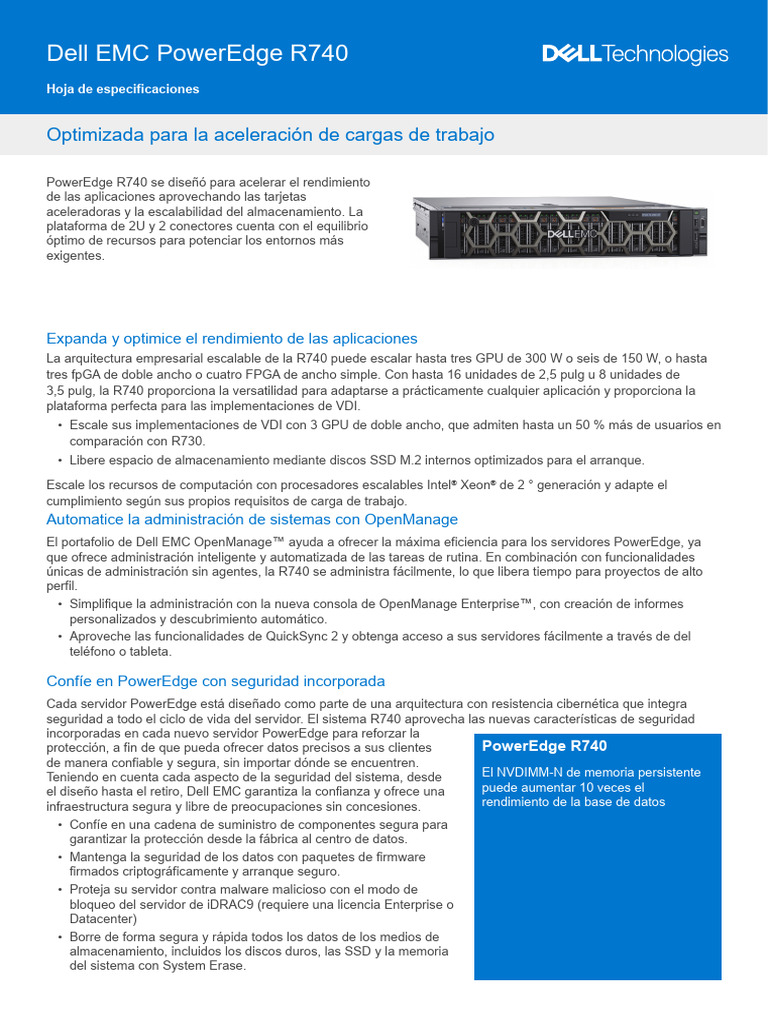 Poweredge r740 Specsheet | PDF | Microprocesador | Unidad de estado sólido