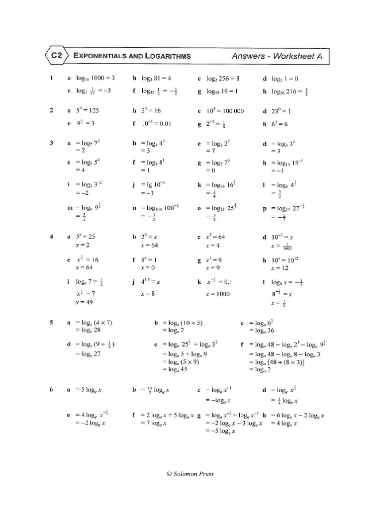 7.2.1 Maths FC309 Worksheet Logs and Exponentials Teacher Copy ...