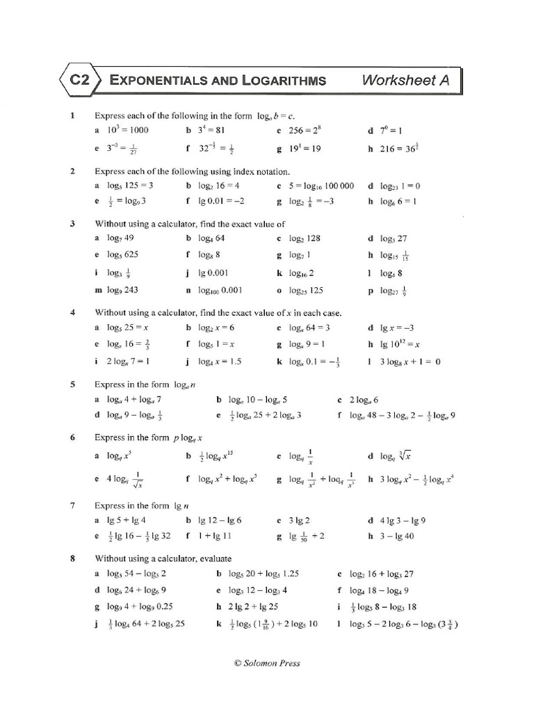 7.2.1_Maths_FC309_Worksheet_logs_and_exponentials_Student_copy | PDF