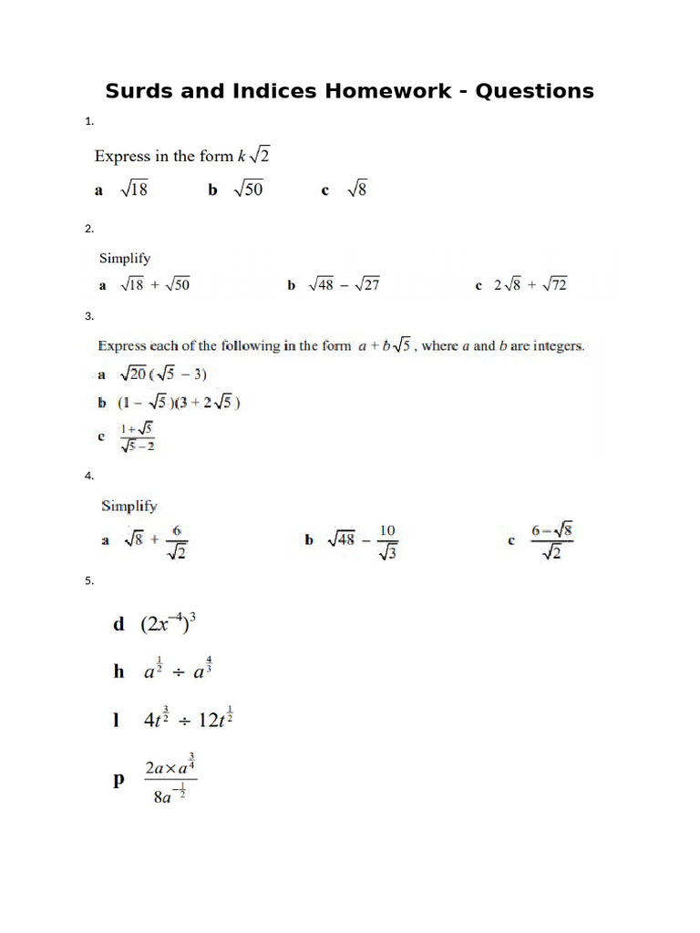 Surds and Indices Homework Questions | PDF