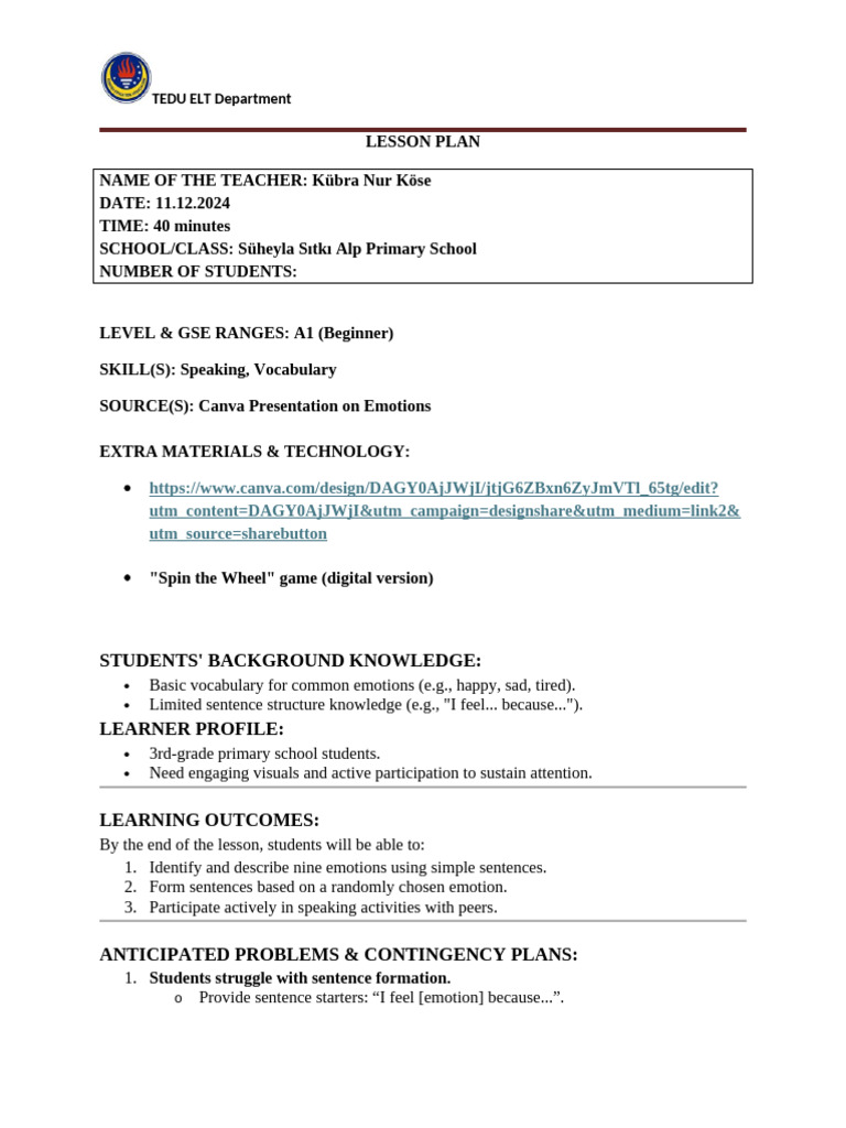 ELT401 KübraNur Köse LessonPlan3 3rdGrade (1) | PDF | Lesson Plan | Behavior Modification