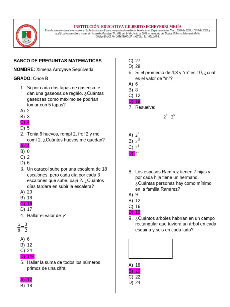 BANCO DE PREGUNTAS MATEMATICAS 2.0 CON RESPUESTAS | PDF | Matemática Elemental | Matemáticas