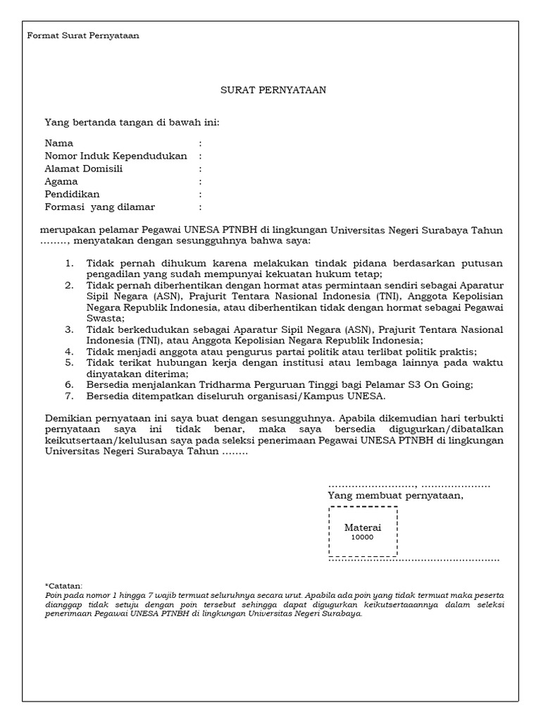 Template Surat Pernyataan | PDF