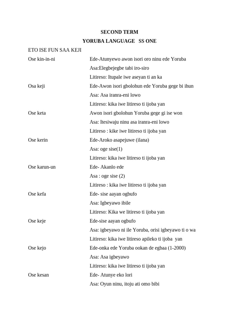 Yoruba Language SS1 Lesson Overview | PDF