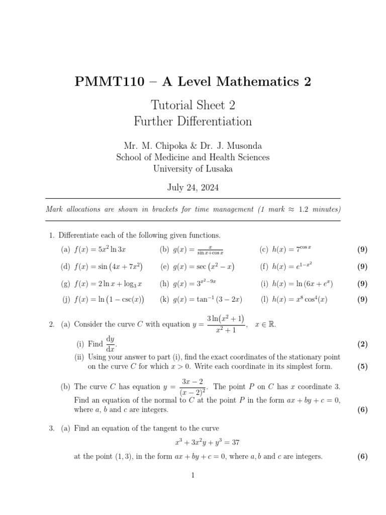PMMT110 Tutorial Sheet 2 | PDF | Equations | Calculus