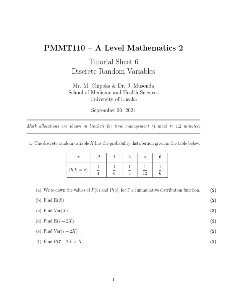 PMMT110 Tutorial Sheet 6 S2 2024 | PDF | Probability Distribution ...