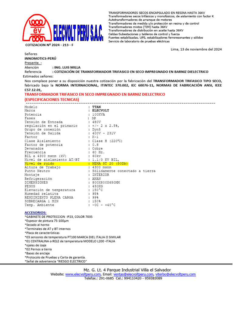 Cot #213-F Ttan 100kva - Innomotics 2024 | PDF | Transformador | Ciencia de los Materiales