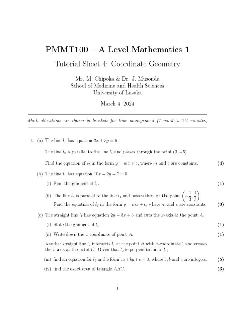 PMMT100 Tutorial Sheet 4 | PDF | Circle | Equations