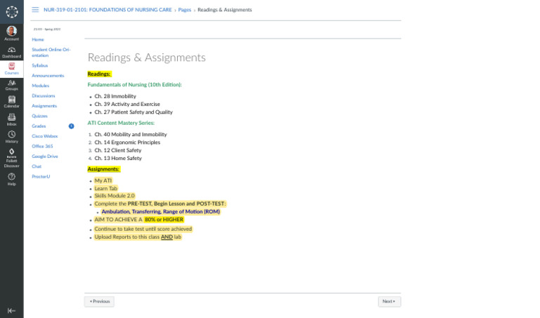Readings & Assignments: Nur-319!01!2101: Foundations of Nursing Care | PDF