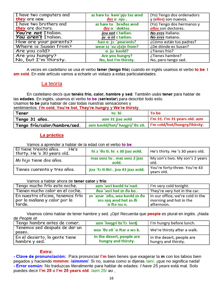 Diferencias de Uso: "Tener" vs "To Be" en Inglés y Español | PDF