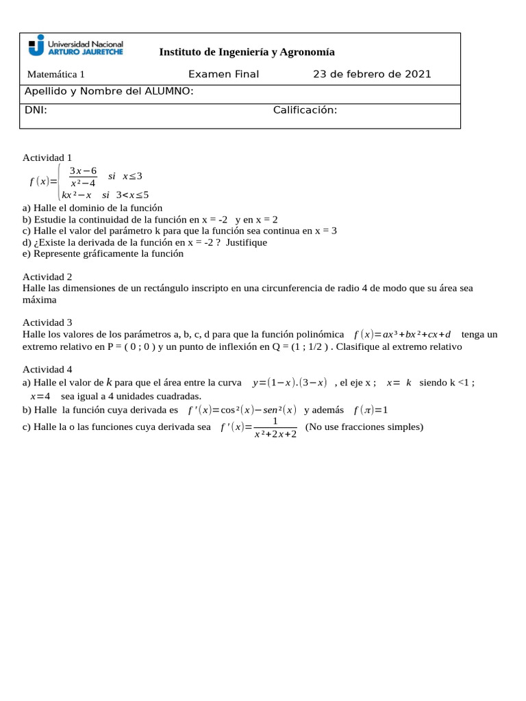Examen Matemática 1 | PDF