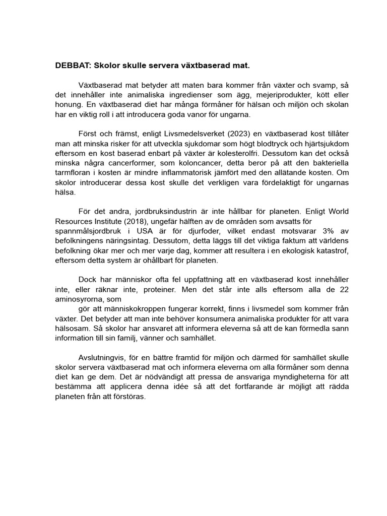 DEBBAT - Skolor Skulle Servera Växtbaserad Mat | PDF