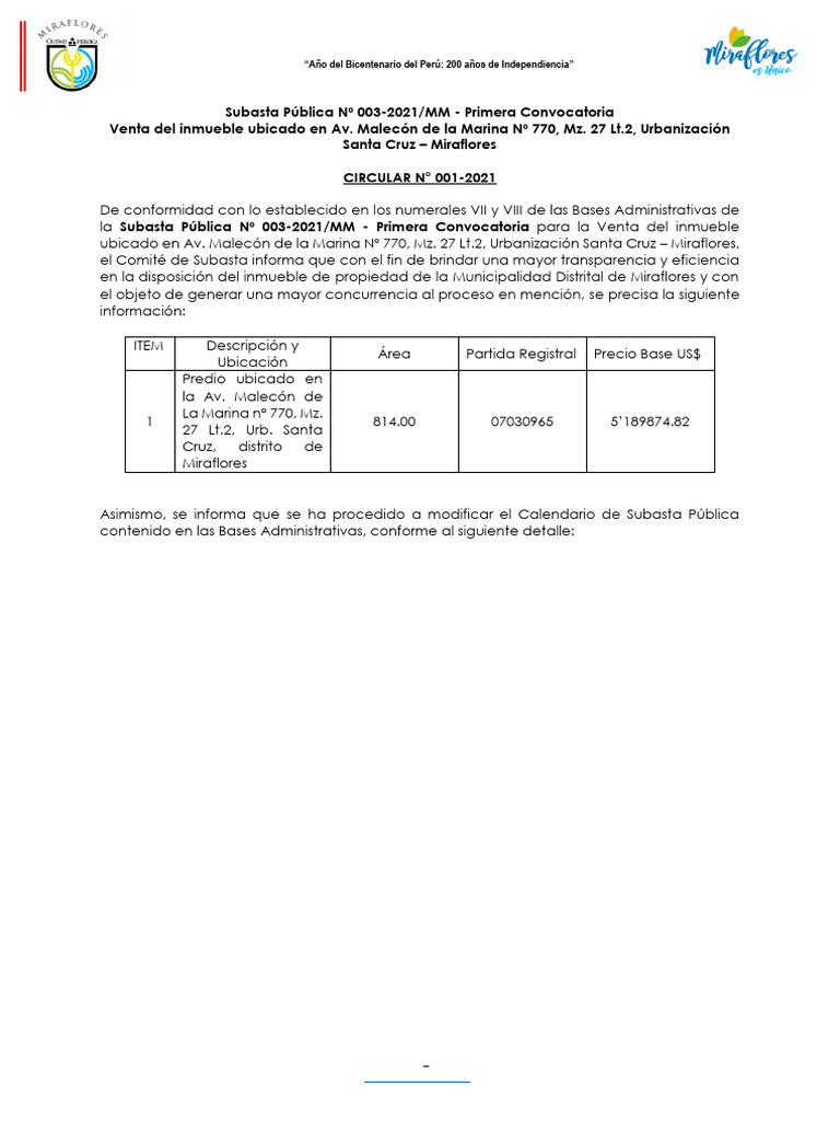 Circular 001 2021 Subasta Pública Modifica Calendario | PDF