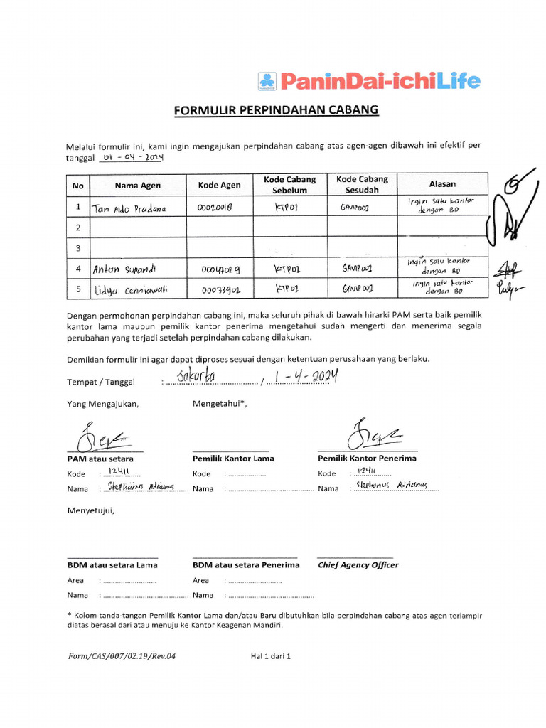 Form Permindahaan Cabang KTP to Gavip | PDF
