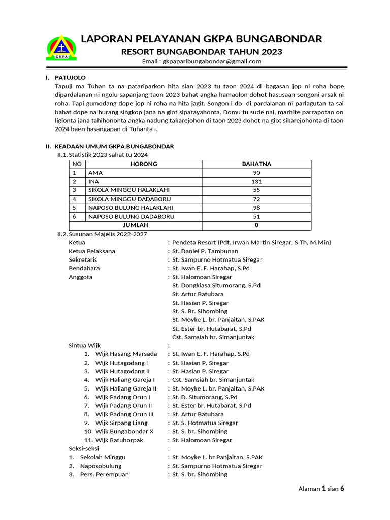 LAPORAN PELAYANAN GKPA BUNGABONDAR 2022 | PDF