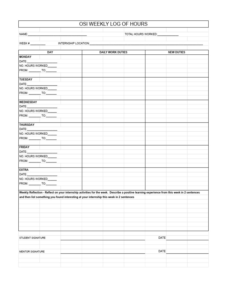 Weekly Internship Hours Log Template | PDF
