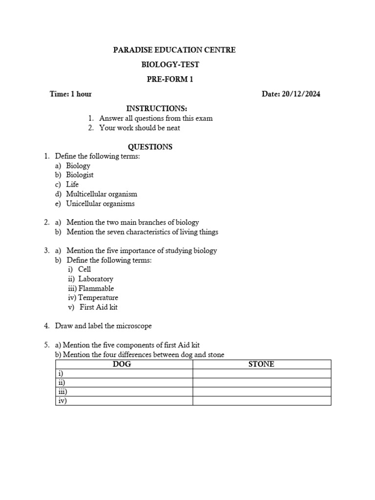 PRE-FORM 1-BIOLOGY TEST DEC 2024 | PDF