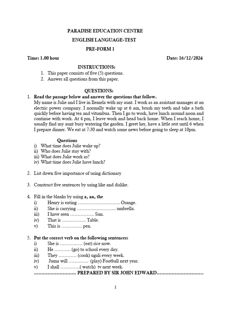 Pre-Form 1-English Language-Test 16.12.2024 | PDF