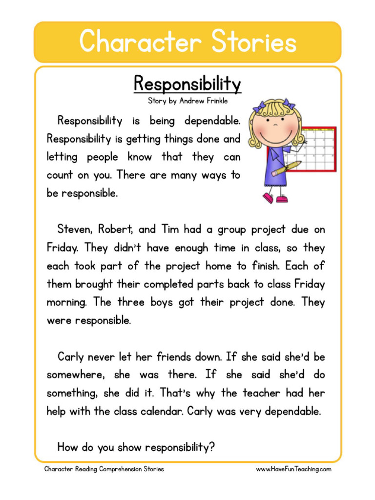 Free Character Education Reading Comprehension Responsibility | PDF