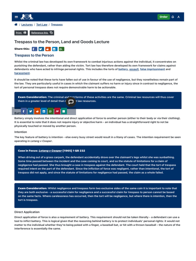 Trespass Tort Law Lecture | PDF | Trespass | Tort
