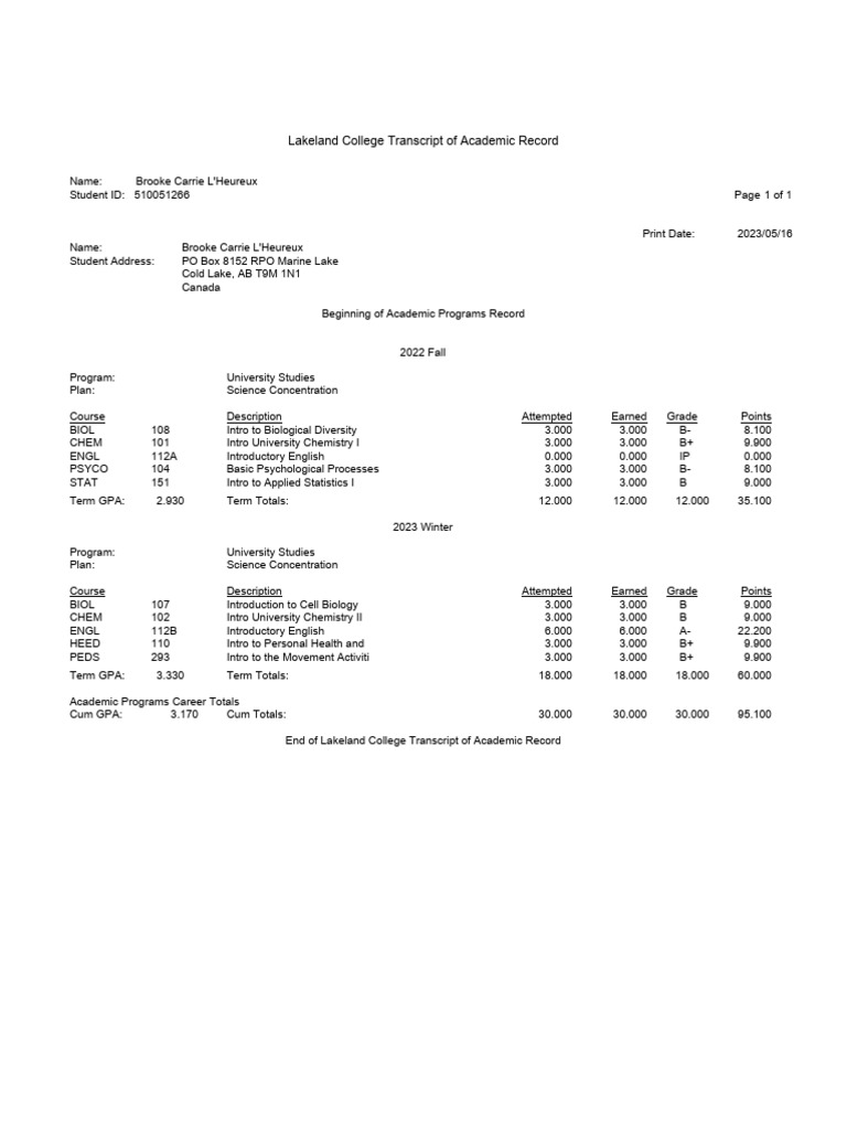 Lakeland College Transcript Summary | PDF