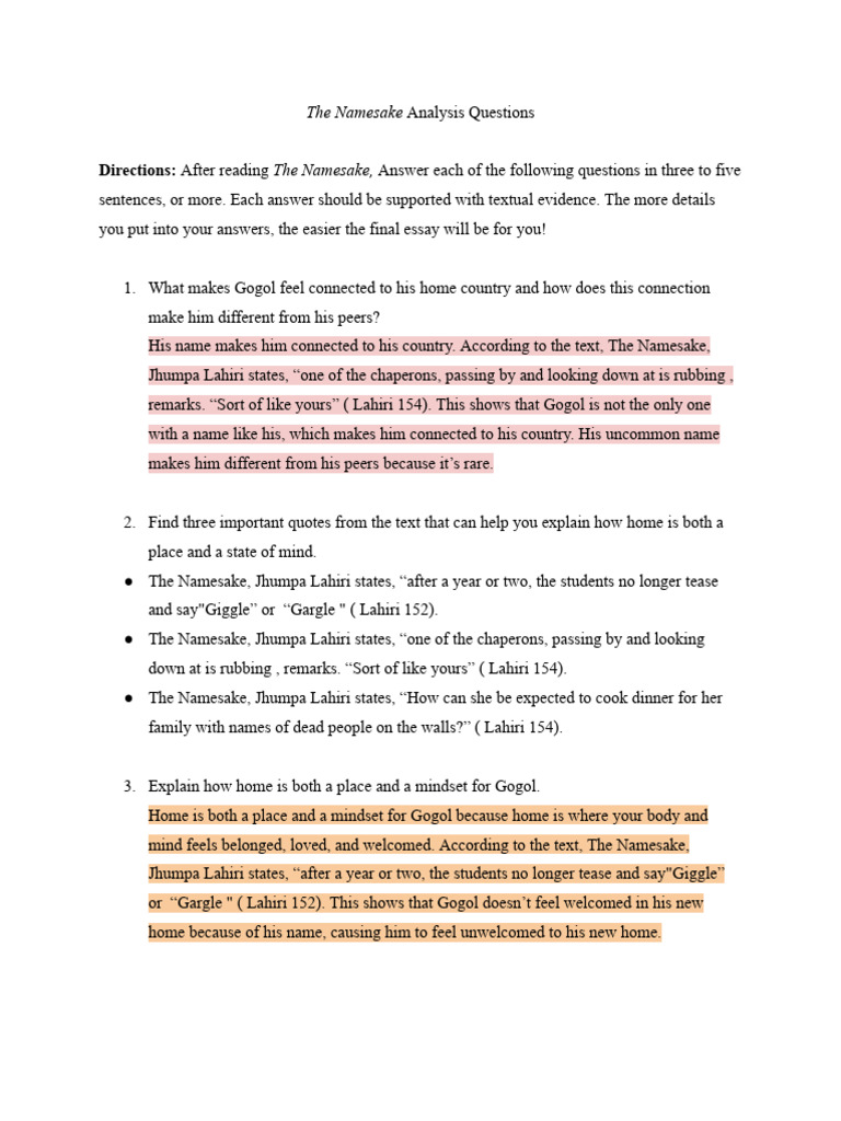 The Namesake: Key Analysis Questions | PDF