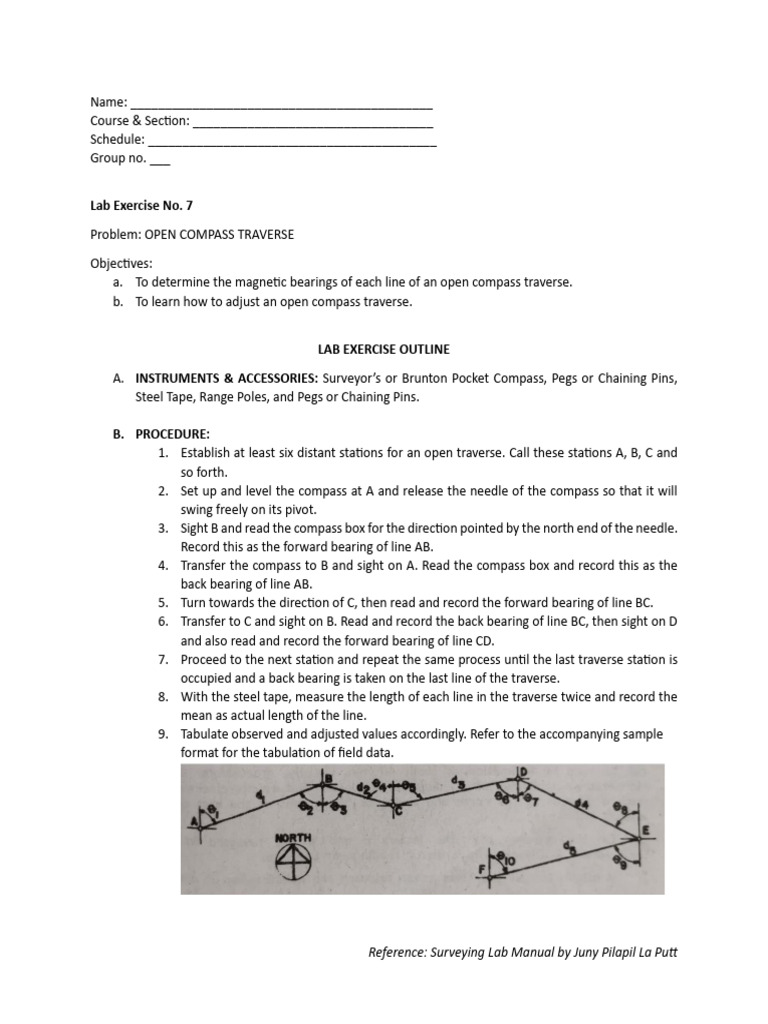 CEIN 2111_Laboratory Exercise no. 7. Open Compass Traverse with data | PDF | Compass | Surveying