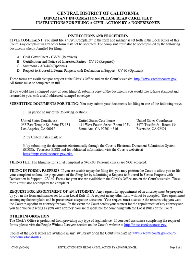 Civil Action Filing Instructions for Non-Prisoners | PDF | Lawsuit ...