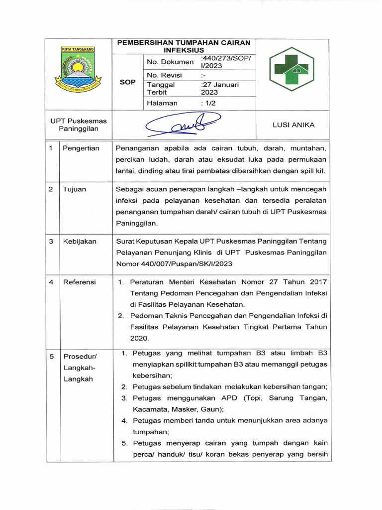 SOP PEMBERSIHAN TUMPAHAN CAIRAN INFEKSIUS | PDF