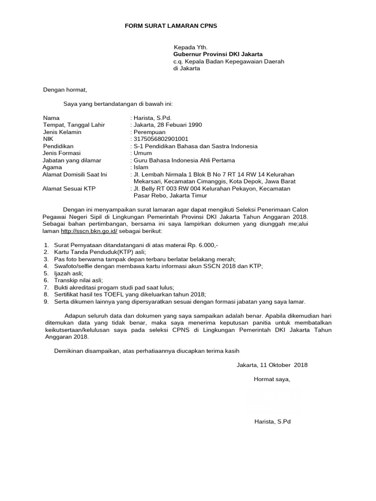 Form Surat Lamaran CPN1 | PDF