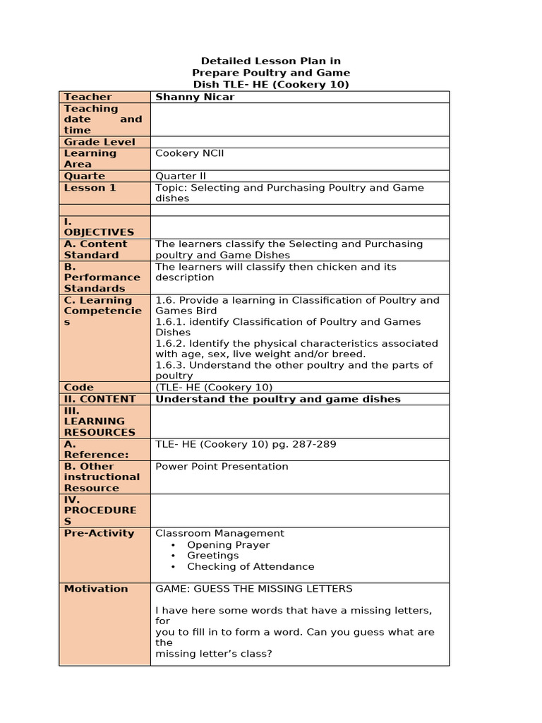 Lesson Plan: Poultry Classification | PDF | Poultry | Chicken