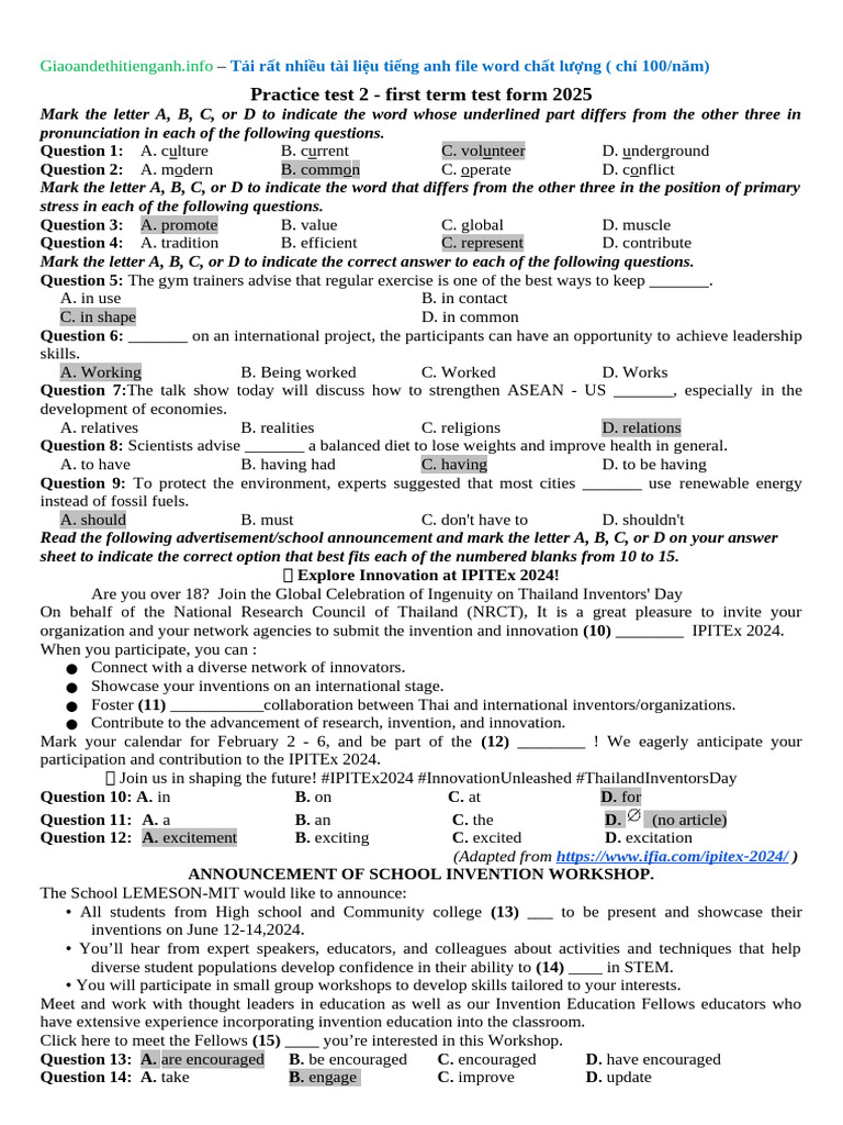Practice Test 2 - First Term Test Form 2025 | PDF | Climate Change | Family