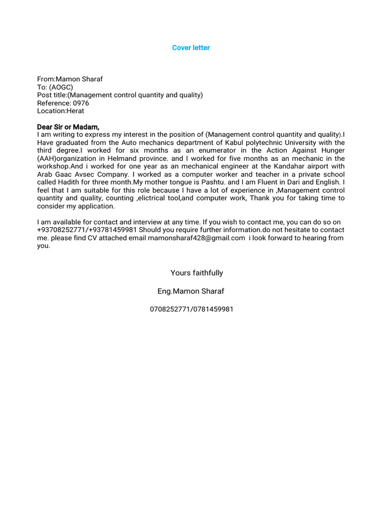 Mamon Sharaf CV, Management Control Quantity and Quality Herat | PDF