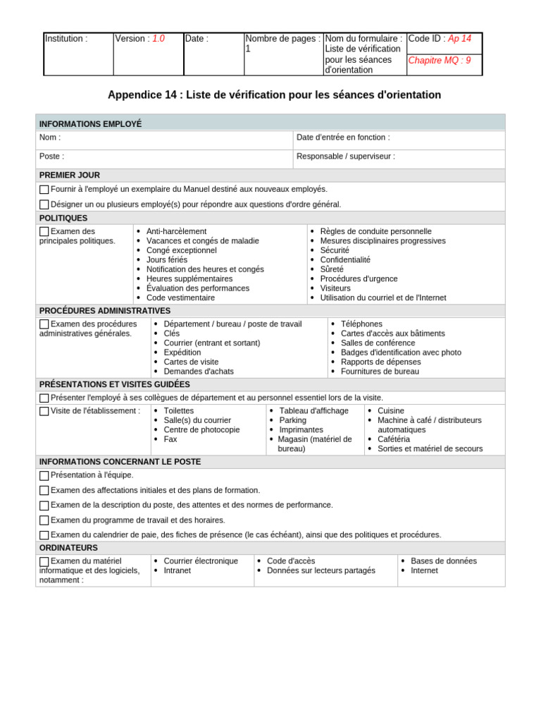 Check List Orientation Du Nouveau Personnel | PDF | Matériel ...