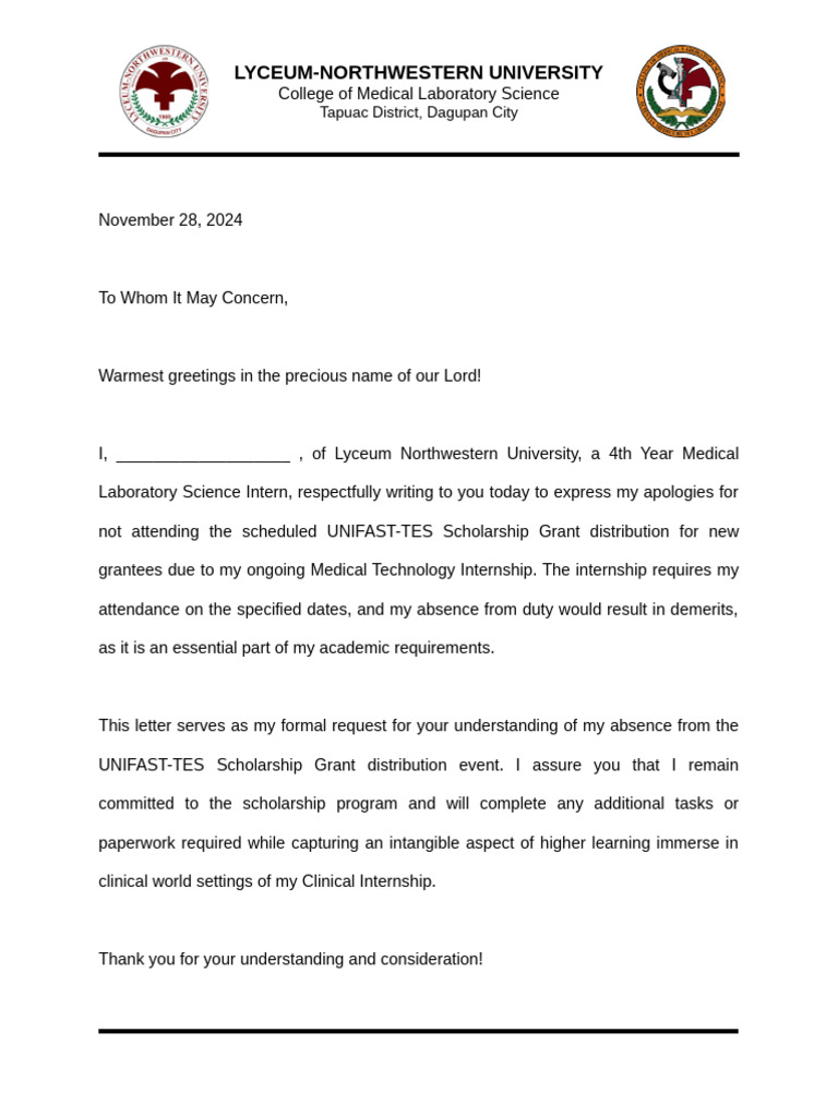 Apology Letter for Scholarship Absence | PDF