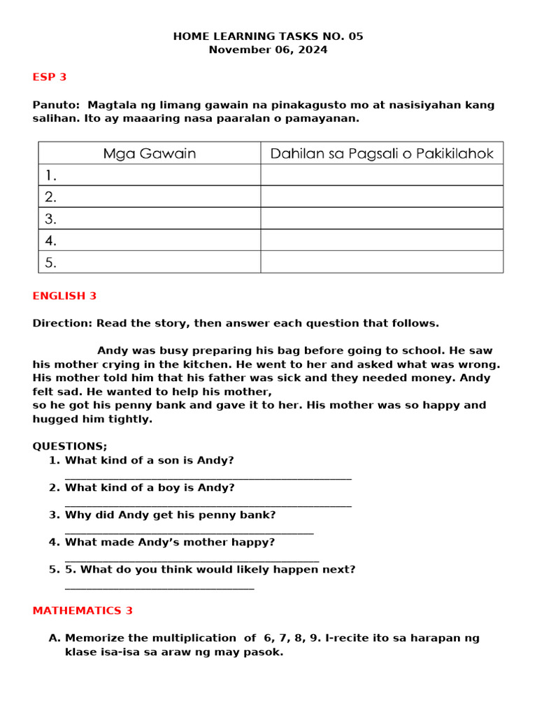 Home Learning Tasks No. 05 | PDF