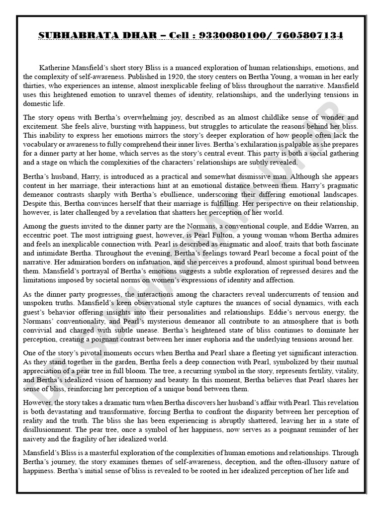 Summary of the Story Bliss | PDF | Happiness | Emotions