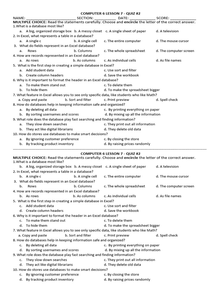 Computer 6 Q2 L7 Quiz #2 | PDF | Microsoft Excel | Spreadsheet