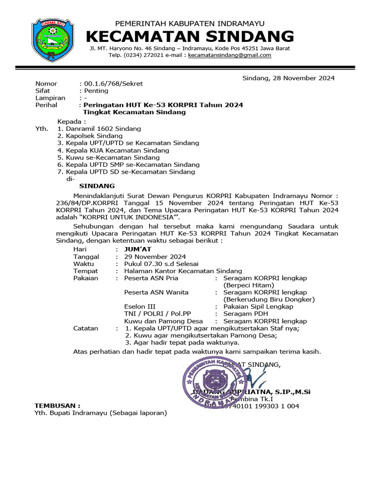 Surat Peringatan Hut Korpri Ke-53 Tingkat Kec - Sindang | PDF