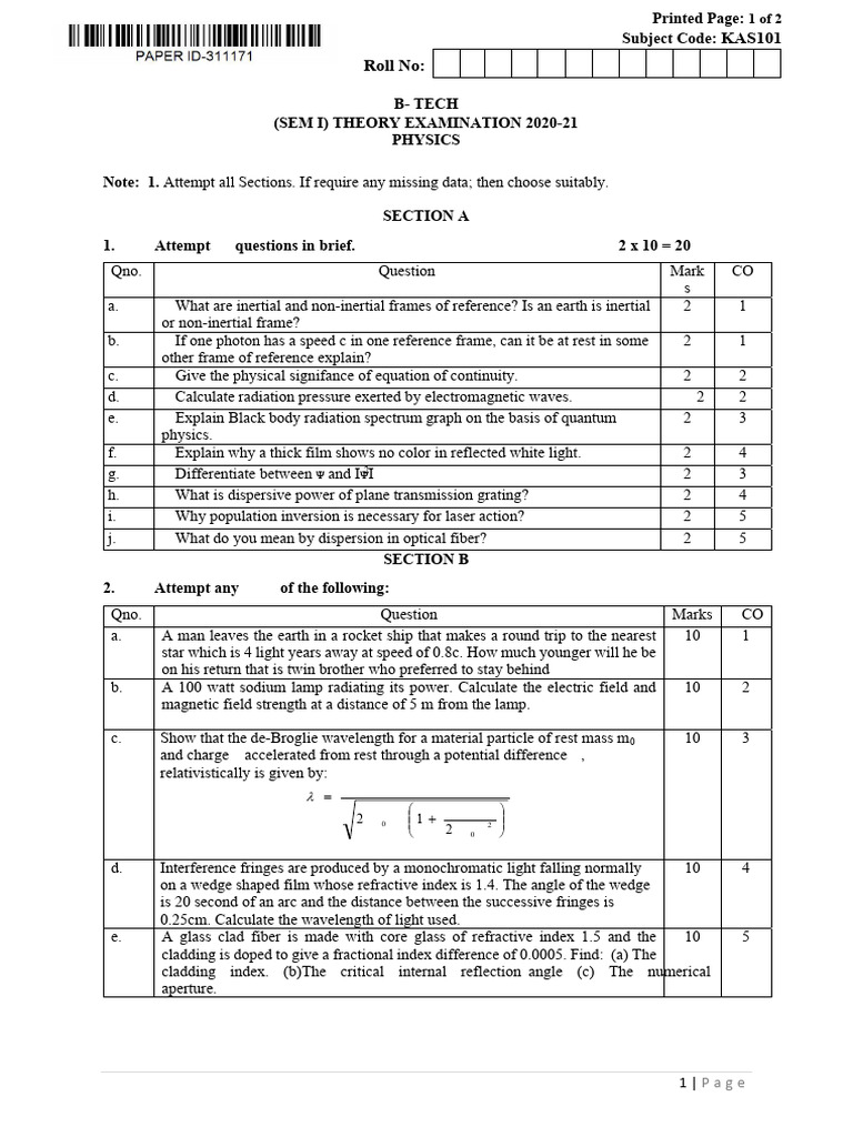 Btech 1 Sem Physics Kas101 2024 | PDF | Diffraction | Electromagnetic Radiation